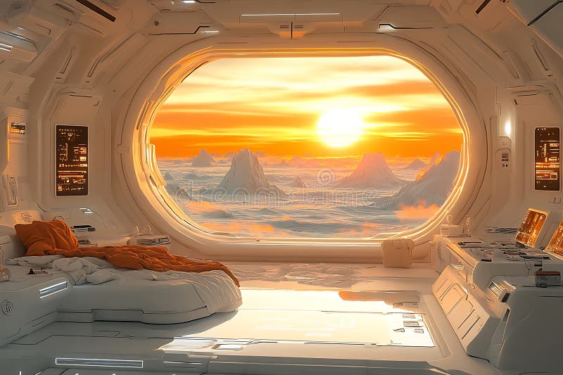 Futuristic Spaceship Cabin with Mountain View Stock Illustration ...