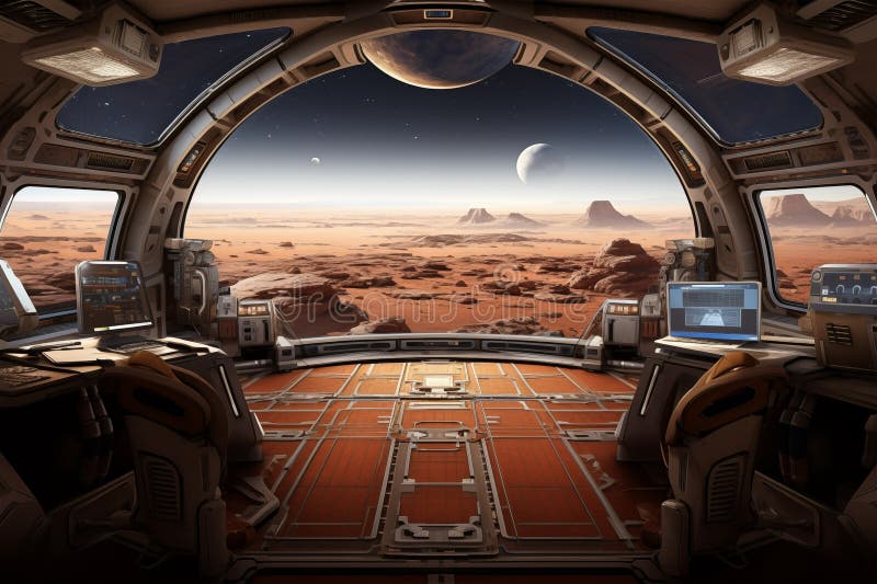 Futuristic Spaceship Cabin with View on Mars Planet Surface. Generative ...