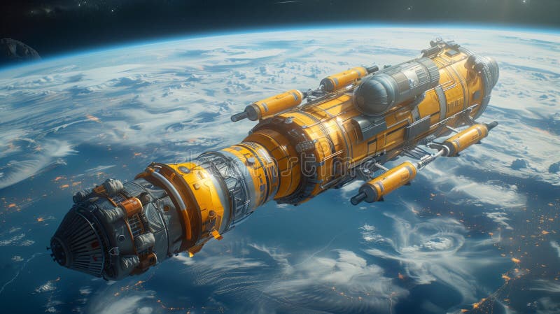 Futuristic Spaceship Orbits Earth with Complex Engine Design Stock ...