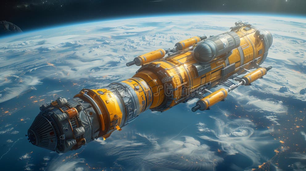 Futuristic Spaceship Orbits Earth with Complex Engine Design Stock ...