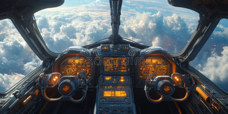 Futuristic Spaceship Cockpit Above Clouds Sci Fi Flight Control Panel ...
