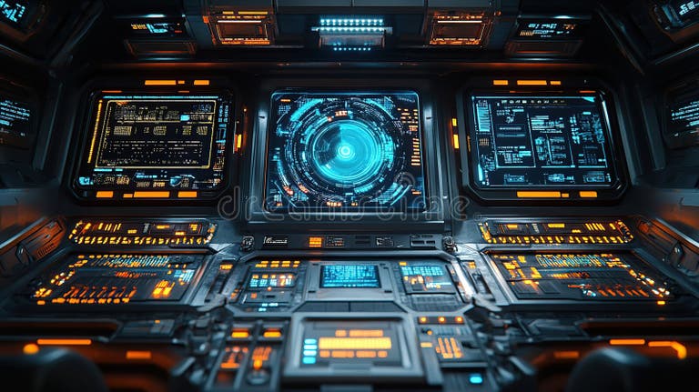 Futuristic Spaceship Cockpit with Advanced Displays and Controls Stock Illustration ...
