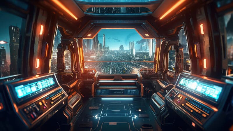 Futuristic Spaceship Cockpit with Cityscape View. Created by Generative ...