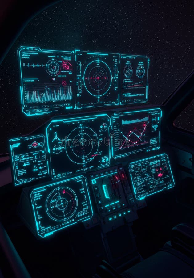 Futuristic Spaceship Cockpit with Cyan Digital Displays Stock ...