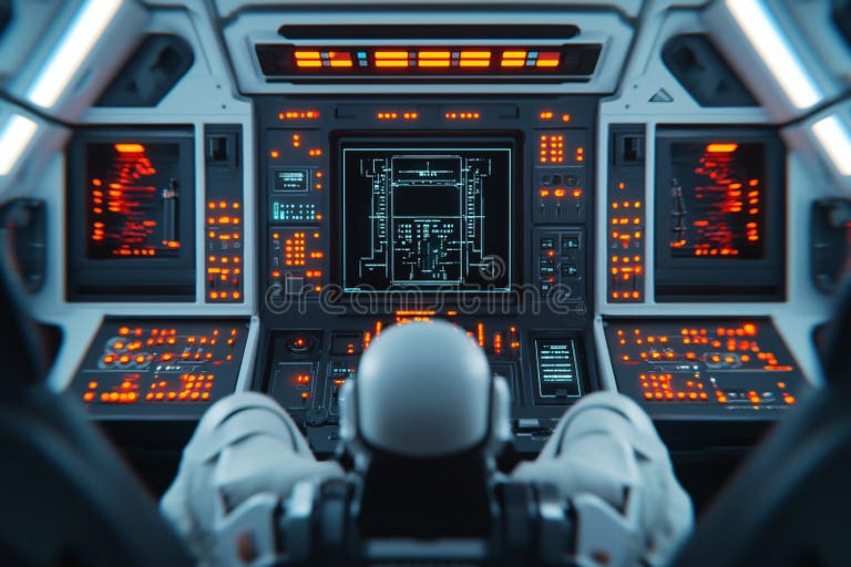 Futuristic Spaceship Cockpit Interior Robot Pilot at Control Panel with ...