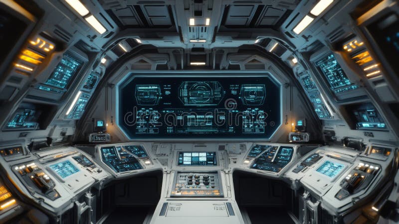 Futuristic Spaceship Cockpit Interior with Teal Lighting Stock ...