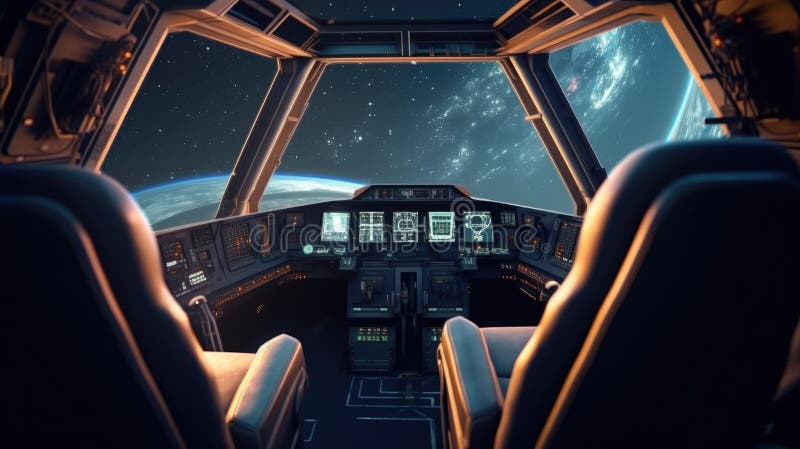 Large Spaceship Cockpit Interior with a View of Space Station and Stars ...