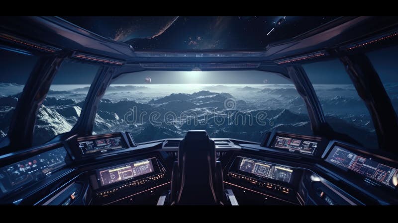 Large Spaceship Cockpit Interior with a View of Space Station and Stars ...