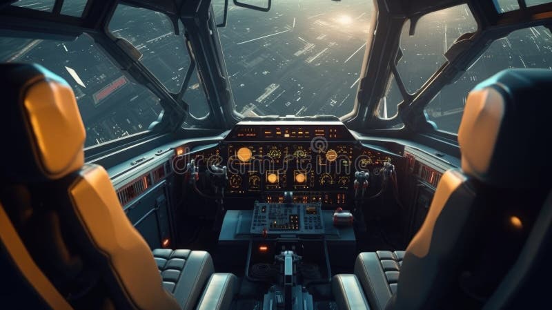 Large Spaceship Cockpit Interior with a View of Space Station and Stars ...