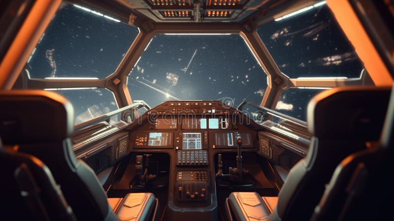 Large Spaceship Cockpit Interior with a View of Space Station and Stars ...