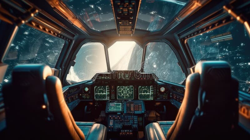Large Spaceship Cockpit Interior with a View of Space Station and Stars ...