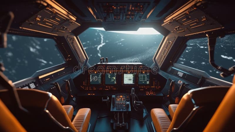 Large Spaceship Cockpit Interior with a View of Space Station and Stars ...