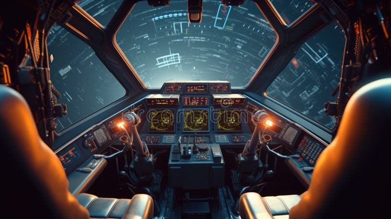 Large Spaceship Cockpit Interior with a View of Space Station and Stars ...