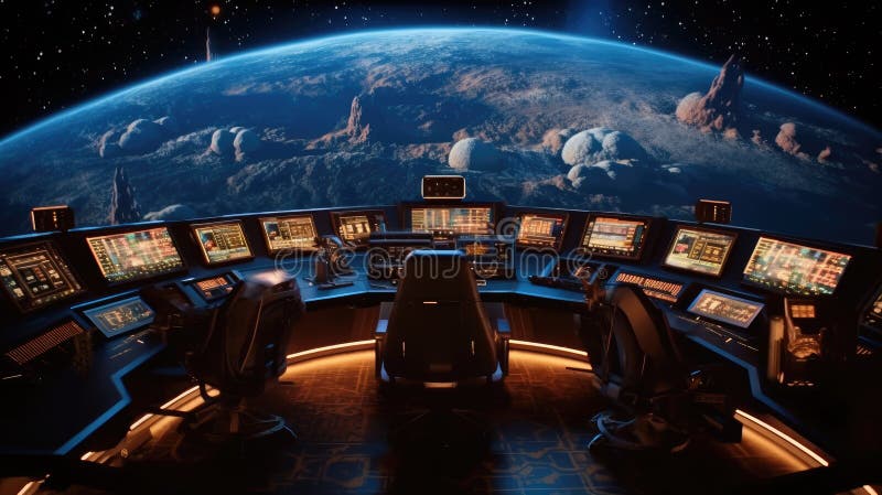 Large Spaceship Cockpit Interior with a View of Space Station and Stars ...