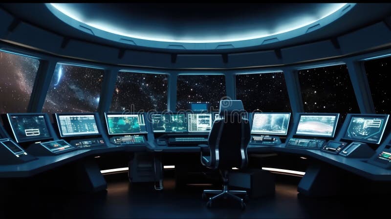 Large Spaceship Cockpit Interior with a View of Space Station and Stars ...