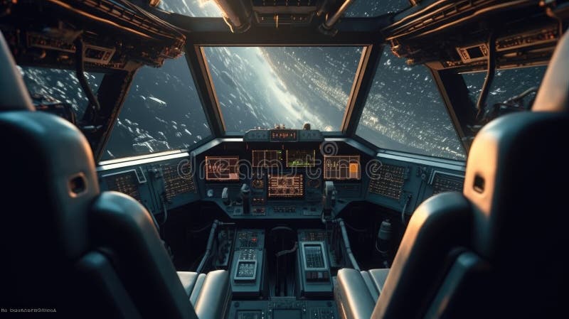 Large Spaceship Cockpit Interior with a View of Space Station and Stars ...