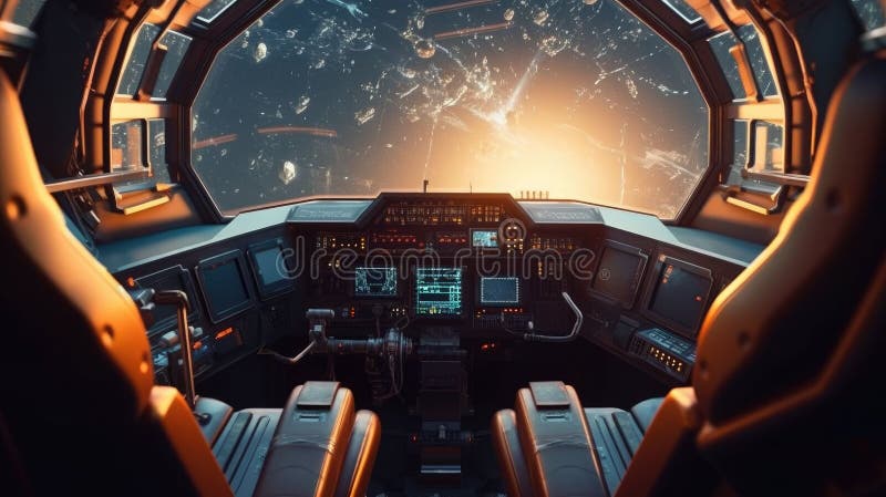 Large Spaceship Cockpit Interior with a View of Space Station and Stars ...
