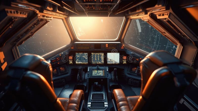 Large Spaceship Cockpit Interior with a View of Space Station and Stars ...