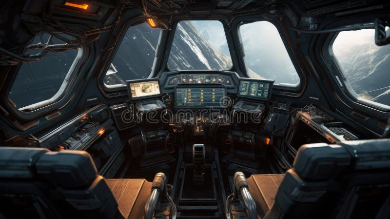 Large Spaceship Cockpit Interior with a View of Space Station and Stars ...