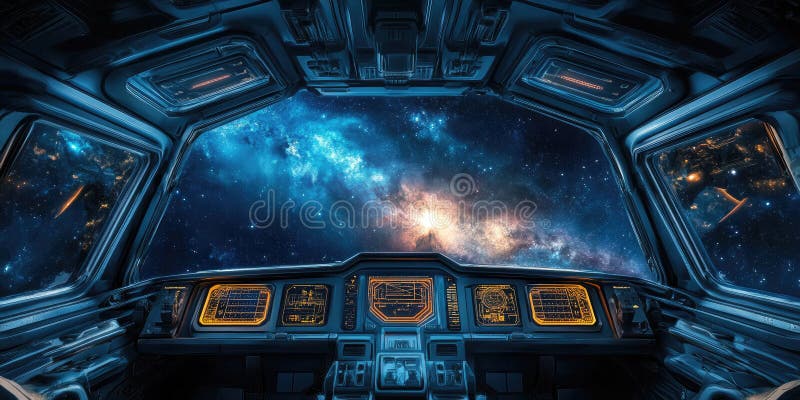 Futuristic Spaceship Cockpit Overlooking a Distant Galaxy with Stars ...