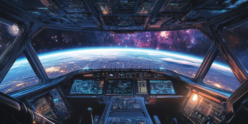 Futuristic Spaceship Cockpit Overlooking a Distant Galaxy with Stars ...