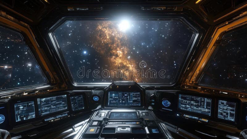 Futuristic Spaceship Cockpit Overlooking a Starry Galaxy Stock ...