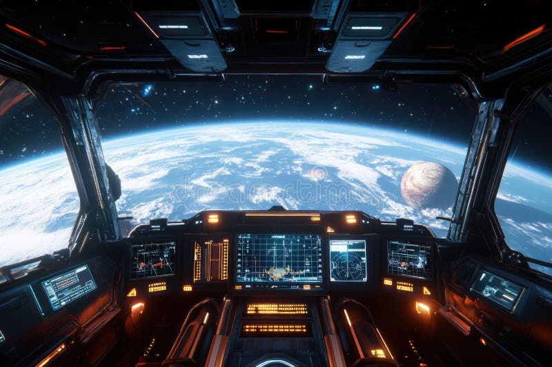 Spaceship Cockpit Vector Background, Space Shuttle Futuristic Interior ...