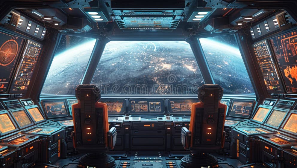 A Futuristic Spaceship Cockpit View of Earth from Space Stock Image ...