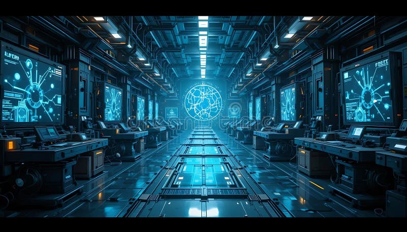 Futuristic Spaceship Command Center with Glowing Blue Panels and ...