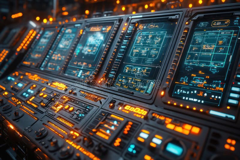 Futuristic Spaceship Control Panel with Glowing Digital Screens and ...