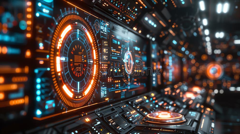 Futuristic Spaceship Control Panel with Glowing Holographic Displays ...
