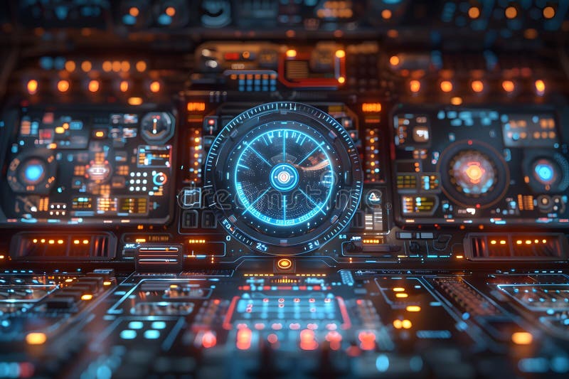 Futuristic Spaceship Control Panel with Illuminated Display Screens and ...