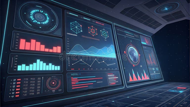 Futuristic Spaceship Control Panel Interface with Data Visualization and Infographics Display ...