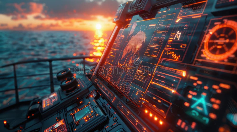 A Futuristic Spaceship Control Panel with a View of the Ocean at Sunset ...