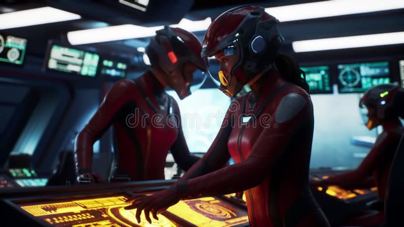 Futuristic Spaceship Control Room Crew in Red Suits with Helmets ...