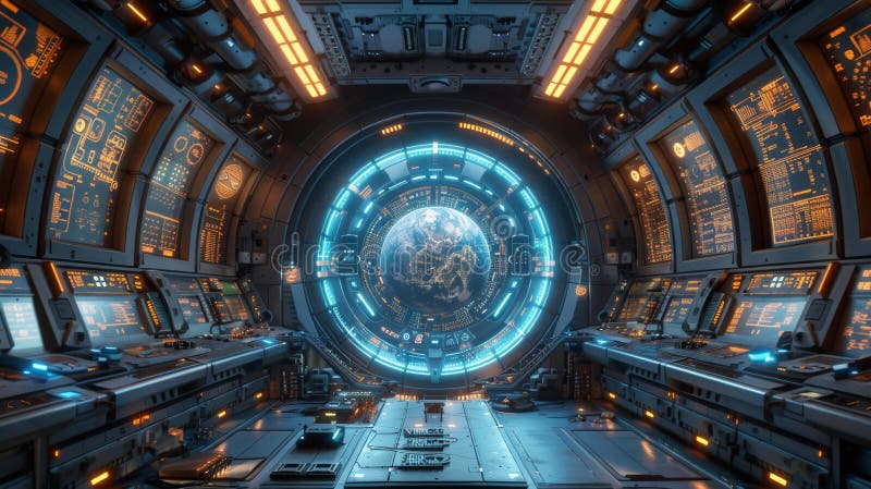 Futuristic Spaceship Control Room with Earth View - Generative Ai Stock ...