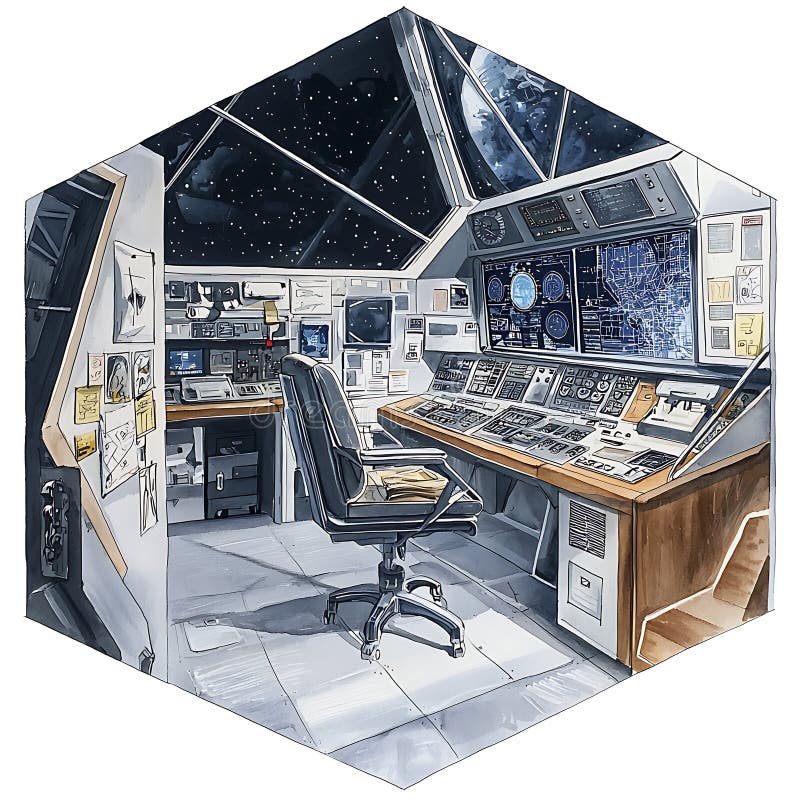 Futuristic Spaceship Control Room Hexagonal Perspective View Stock ...