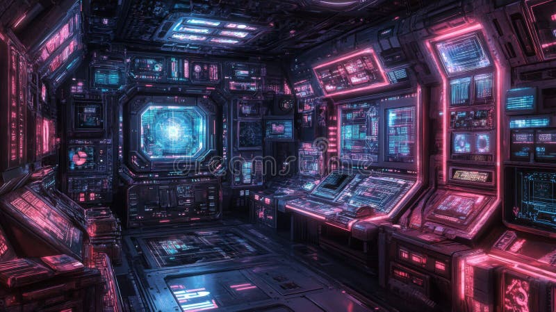 Futuristic Spaceship Control Room with Neon Lights Stock Illustration ...