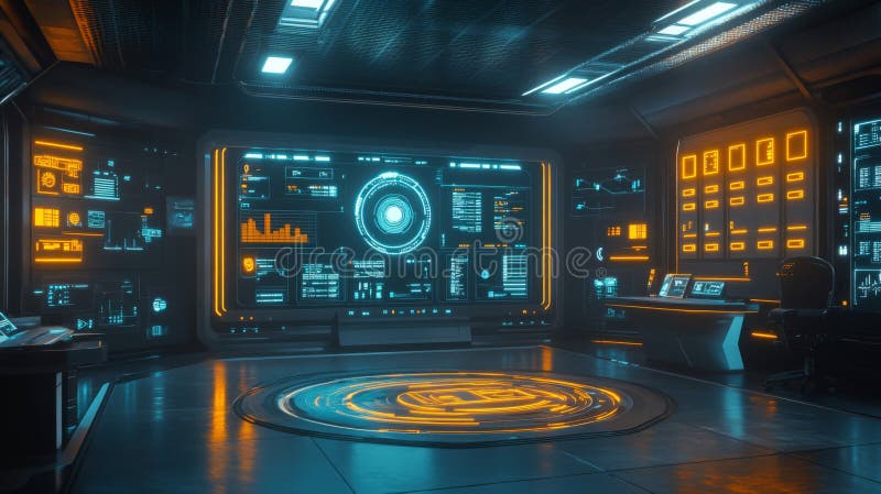 Futuristic Spaceship Control Room with Orange and Blue Neon Lighting ...