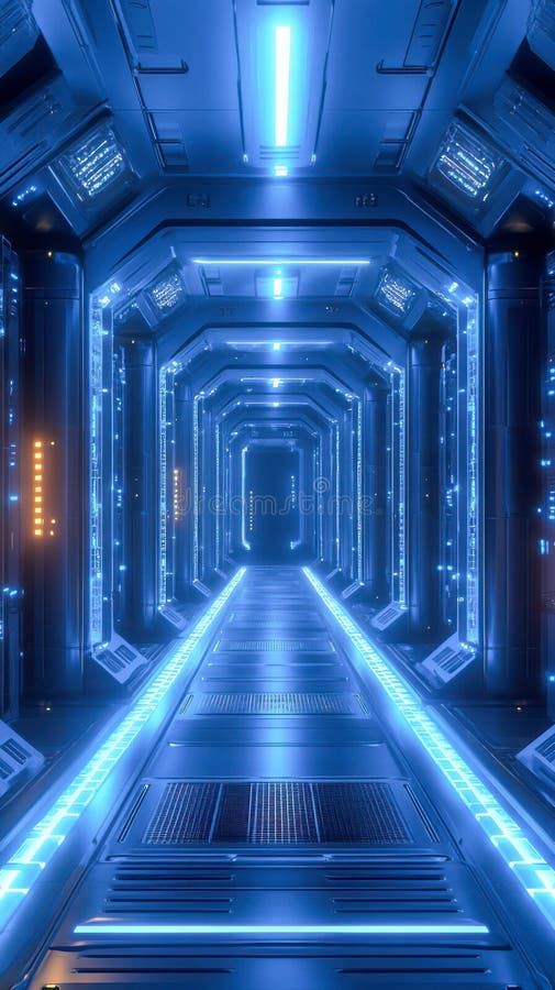 Futuristic Spaceship Corridor with Blue Neon Lights in a Sci-fi Setting ...