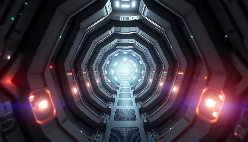 Futuristic Spaceship Corridor Glowing Lights Octagonal Design SciFi ...