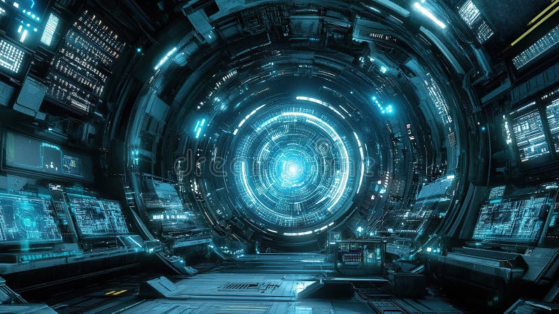 Red Corridor with Glowing Pillars, Futuristic Modern Underground Dark ...