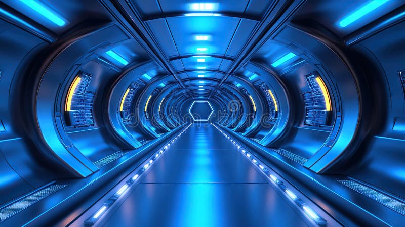 Futuristic Spaceship Corridor Glows, Blue Light, Technology Background ...