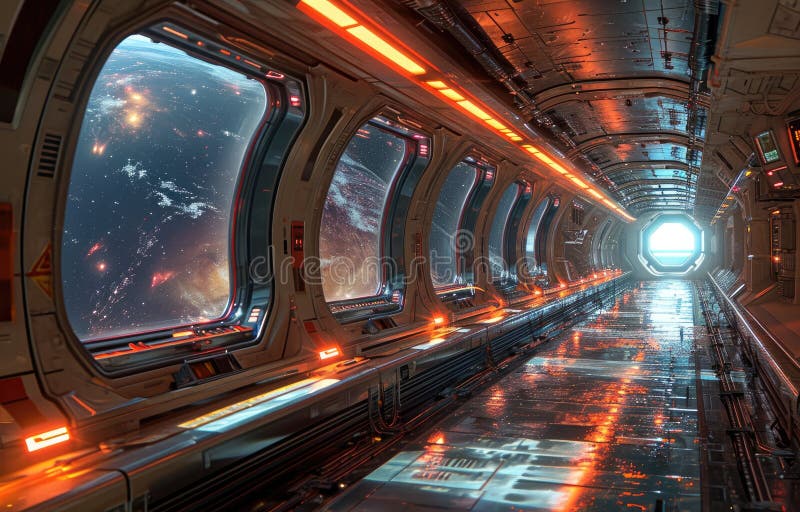 Futuristic Spaceship Corridor with Outer Space View Stock Illustration ...