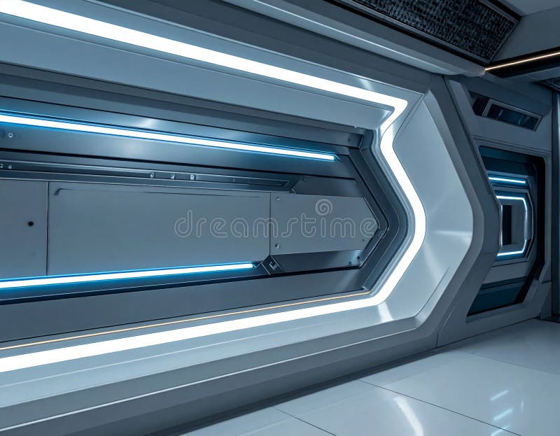 Futuristic Spaceship Corridor Interior with Blue Lighting Stock Illustration - Illustration of ...