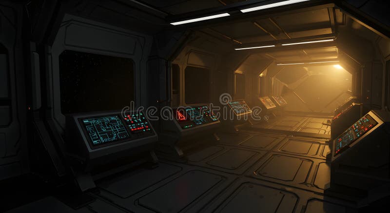 Futuristic Spaceship Corridor Interior: Control Panels and Starry View ...