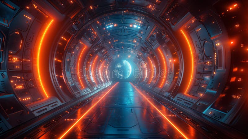 Futuristic Spaceship Corridor with Orange Lights and a View of Earth ... Futuristic Spaceship Corridor with Orange Lights and a View of Earth ...