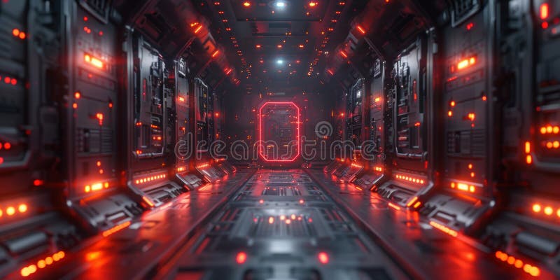 Futuristic Spaceship Corridor with Red Neon Lights. Created by ...
