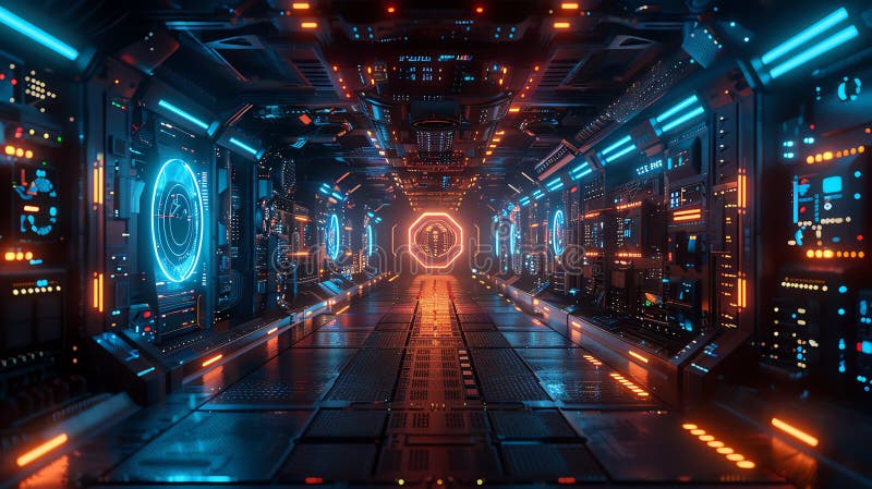 Futuristic Spaceship Corridor with Vibrant Neon Lights, High-tech Panels, and a Glowing Central ...