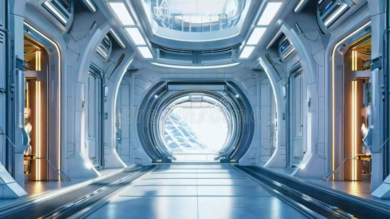 Futuristic Spaceship Corridor with a View of a Snowy Landscape through ... Futuristic Spaceship Corridor with a View of a Snowy Landscape through ...